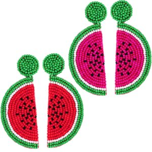 2 pairs fruit watermelon shape drop earrings bohemian seed bead earrings handmade beaded dangle studs earrings for women girls party jewelry(rose red, red)