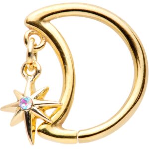 body candy 16g pvd steel aurora accent moon star right dangle closure ring daith helix tragus rook 3/8"