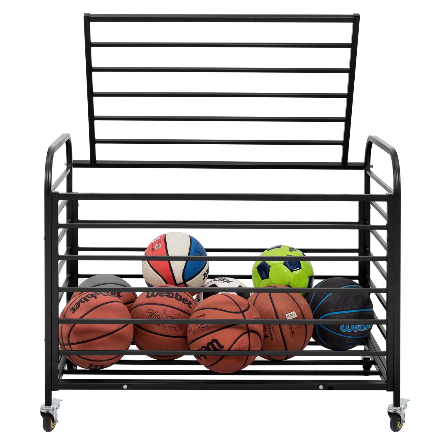 MyGift Professional Black Metal Rolling Sports Ball Storage Cart with Lid