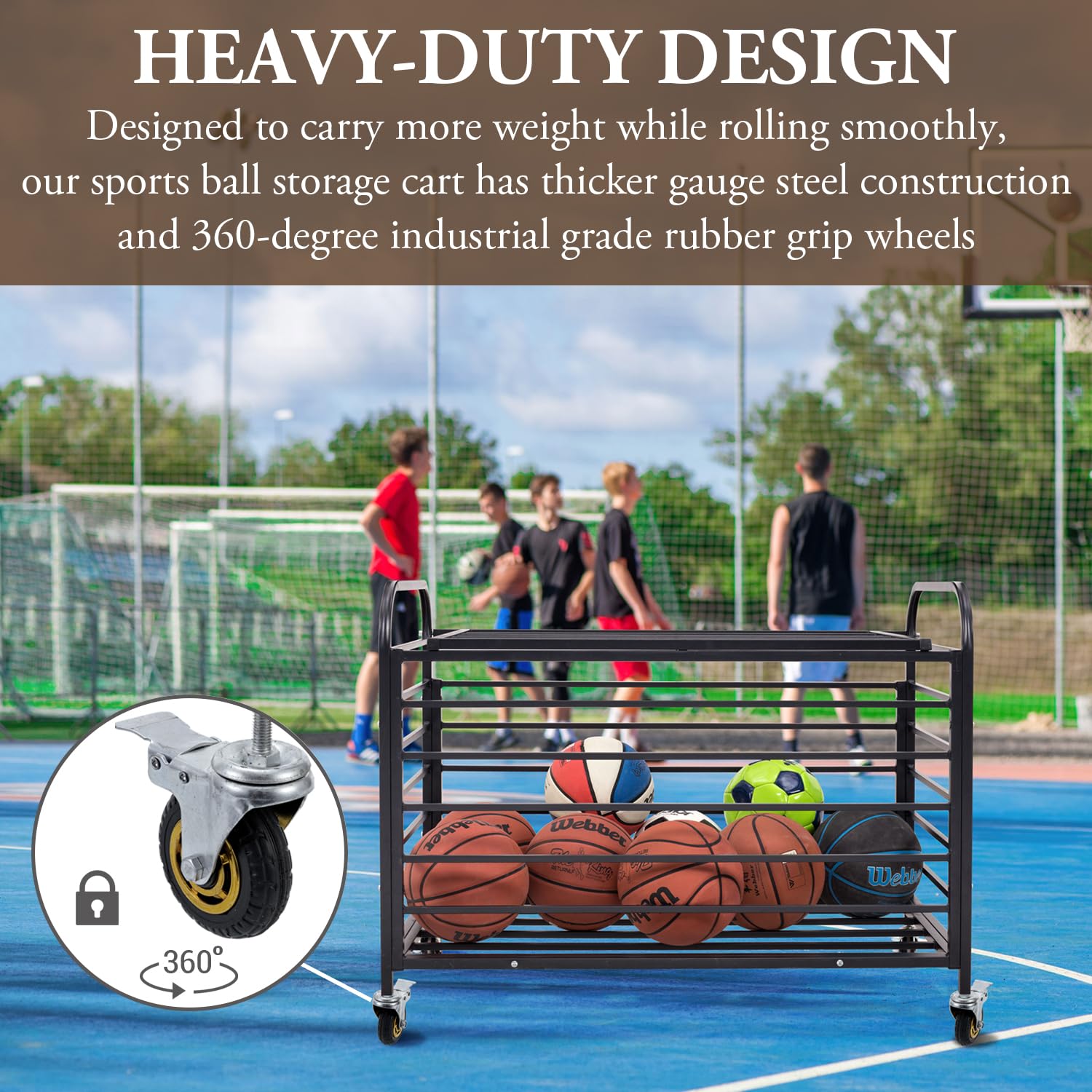 MyGift Professional Black Metal Rolling Sports Ball Storage Cart with Lid