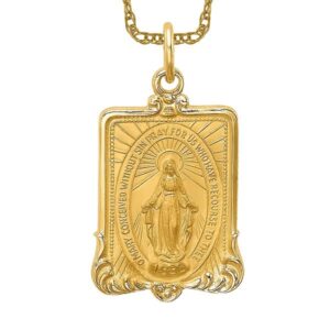 icecarats 14k yellow gold rectangle our lady of miraculous medal blessed virgin mary necklace charm pendant 24mm x 13.25mm only