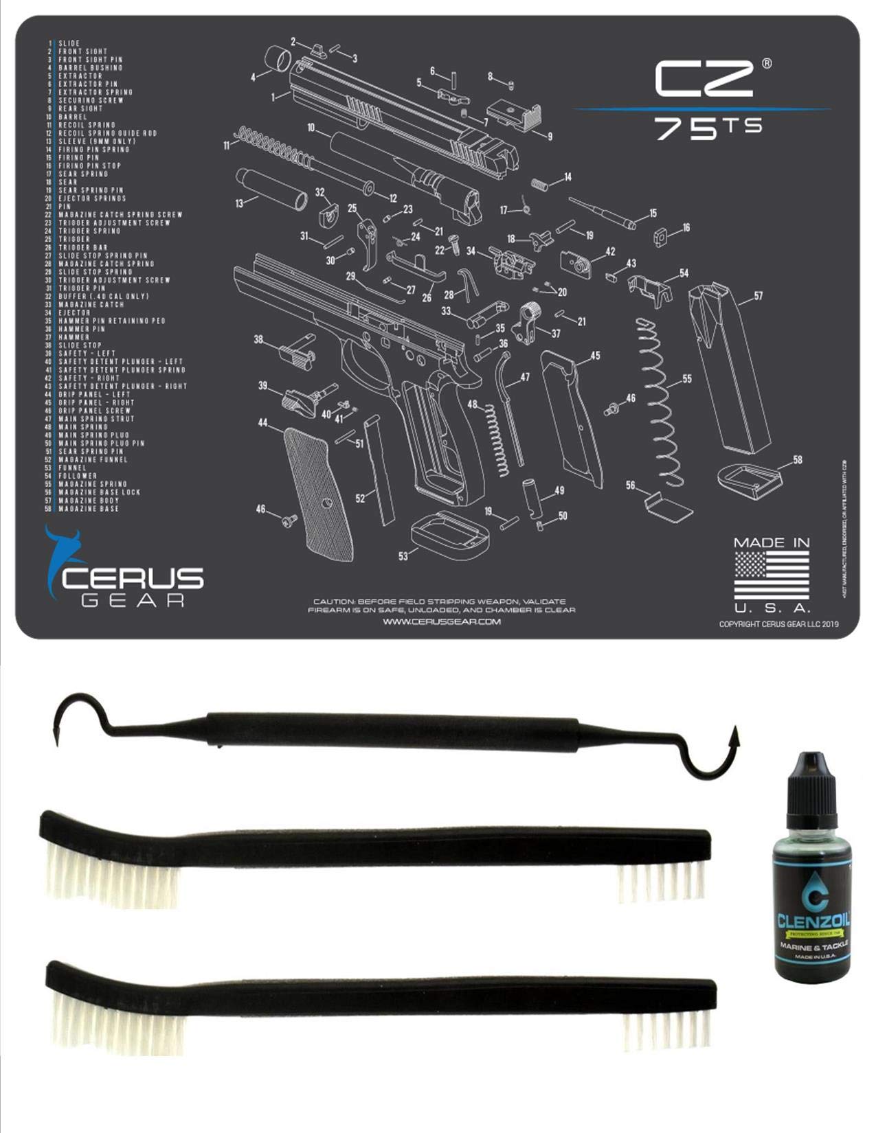 CZ 75 5 PC EDOG Cerus Gear Schematic (Exploded View) Heavy Duty Pistol Cleaning 12x17 Padded Gun-Work Surface Protector Mat Solvent & Oil Resistant & 3 PC Cleaning Essentials & Clenzoil