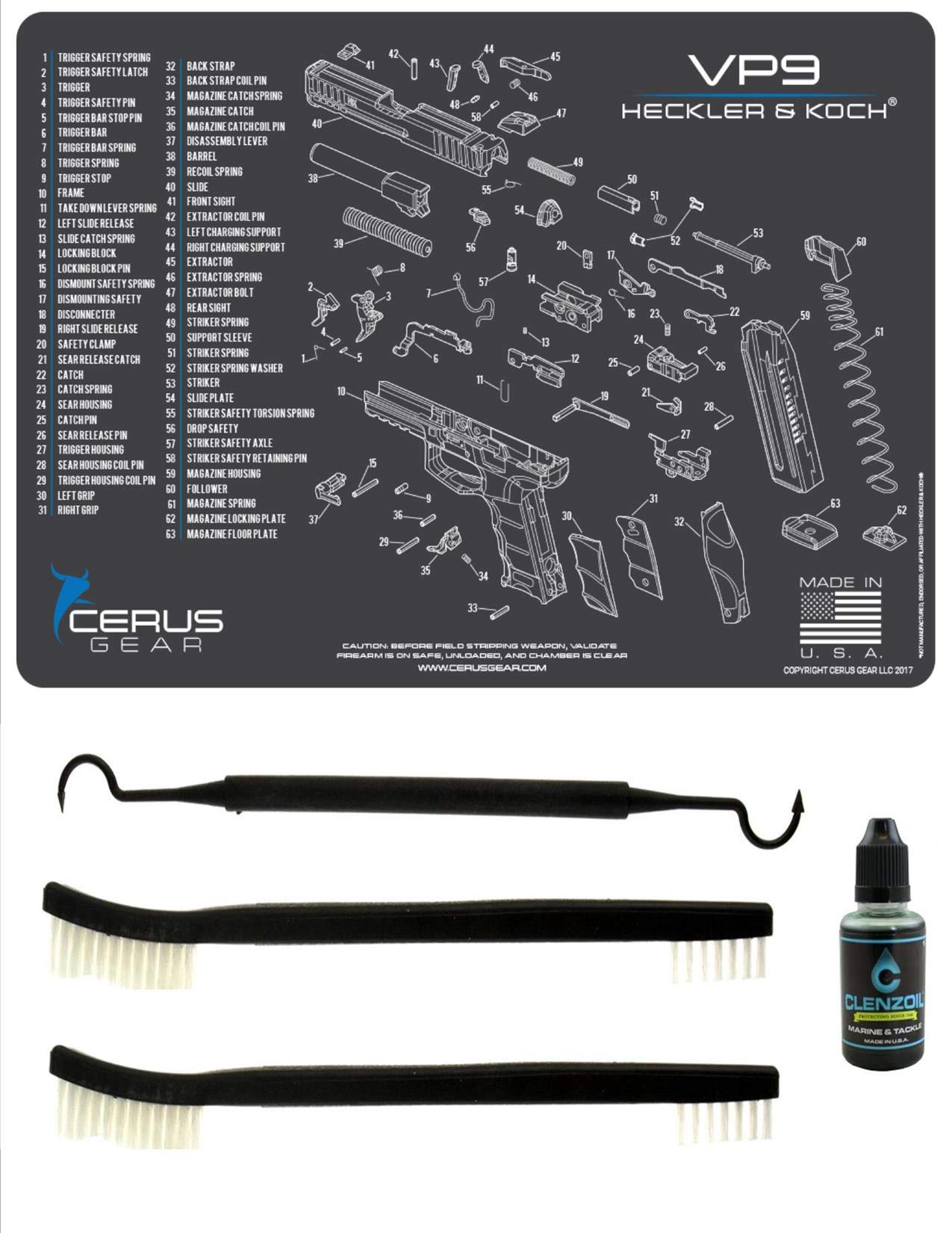 Heckler & Koch VP9 5 PC EDOG Cerus Gear Schematic (Exploded View) Heavy Duty Pistol Cleaning 12x17 Padded Gun-Work Surface Protector Mats Solvent & Oil Resistant & 3 PC Cleaning Essentials & Clenzoil