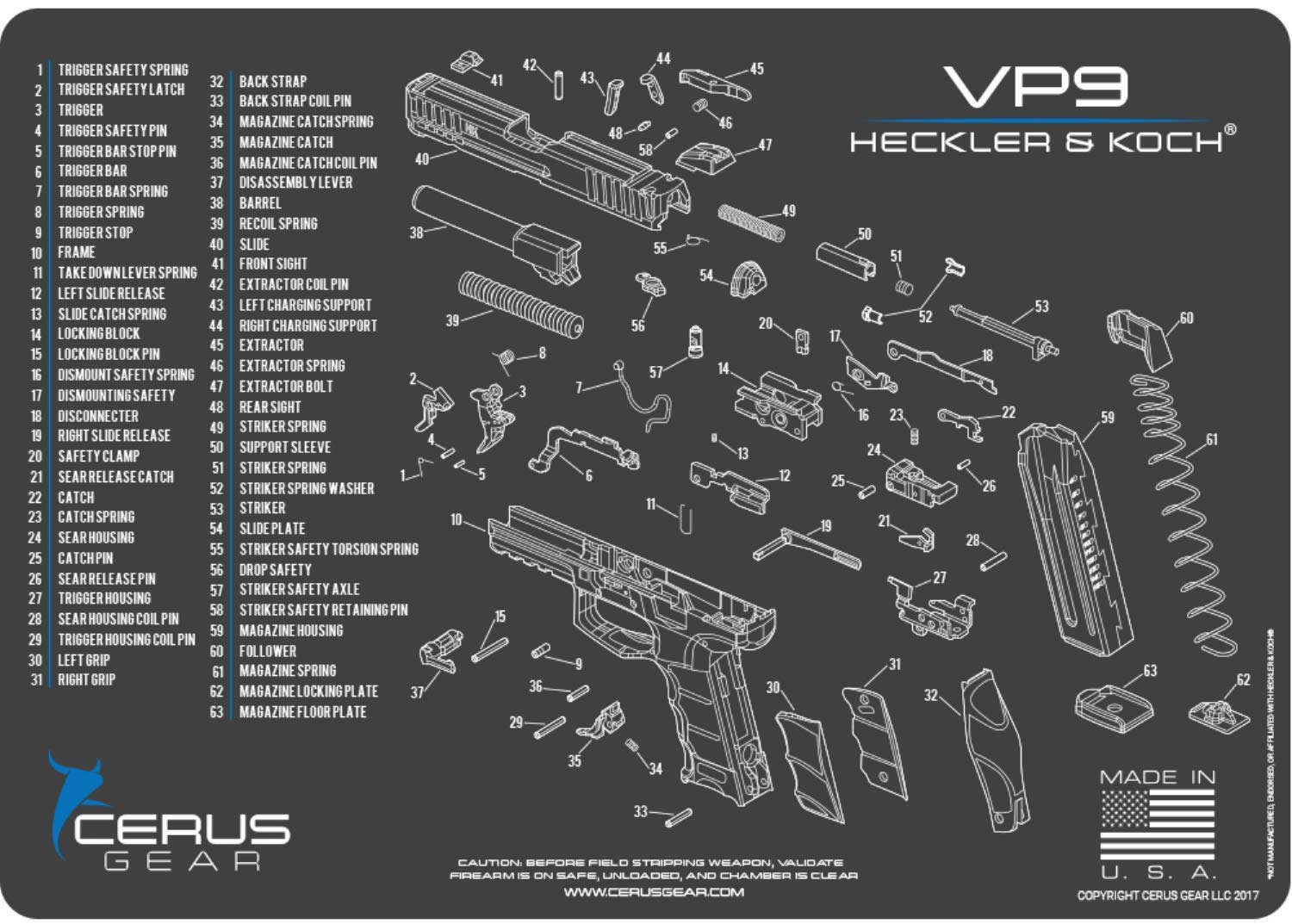 Heckler & Koch VP9 5 PC EDOG Cerus Gear Schematic (Exploded View) Heavy Duty Pistol Cleaning 12x17 Padded Gun-Work Surface Protector Mats Solvent & Oil Resistant & 3 PC Cleaning Essentials & Clenzoil