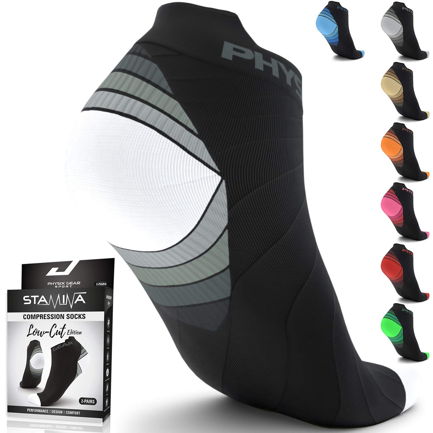 Physix Gear Sport Low Cut Socks Men & Women - Ankle Compression Running Socks (2Pair Blk-Wht L/XL)