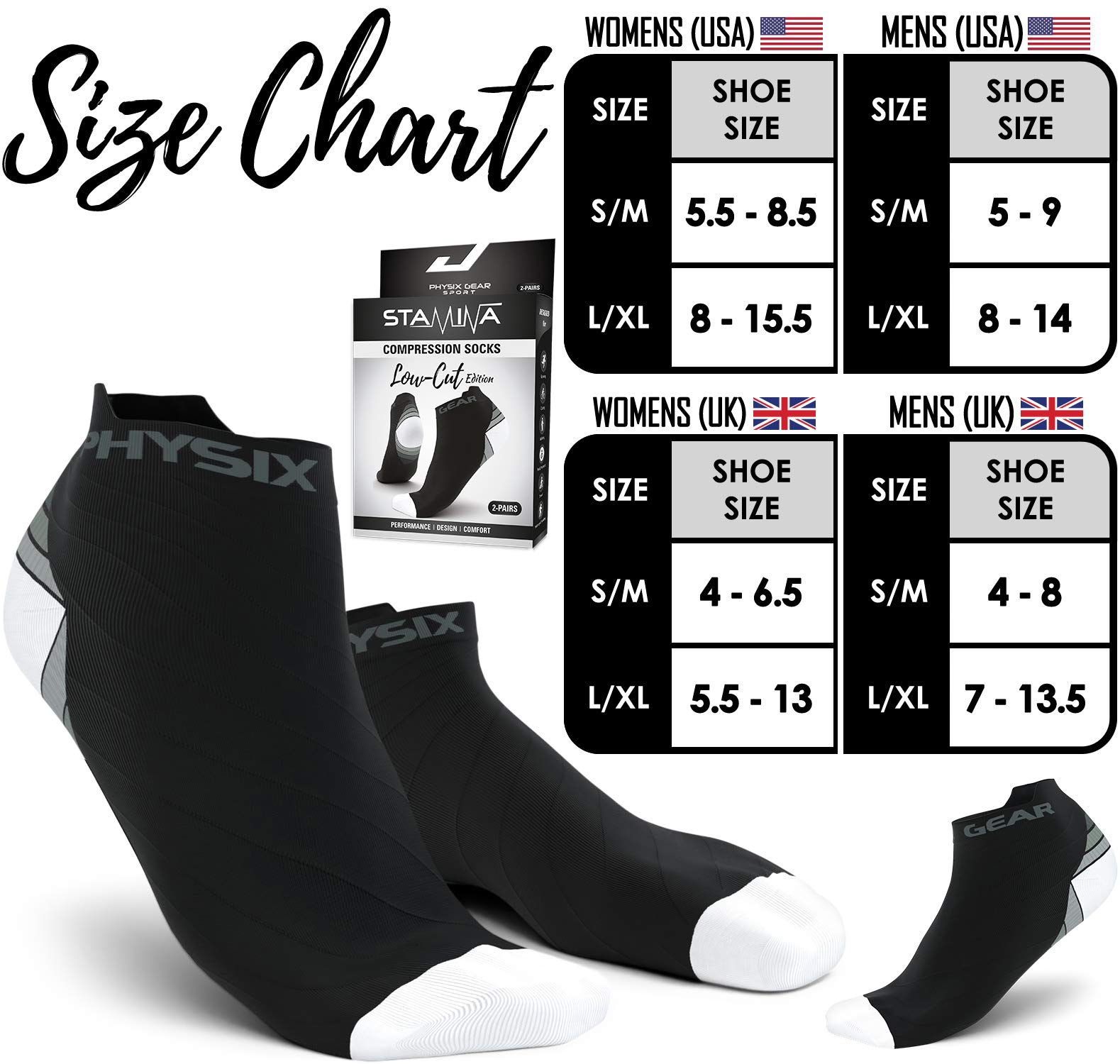 Physix Gear Sport Low Cut Socks Men & Women - Ankle Compression Running Socks (2Pair Blk-Wht L/XL)