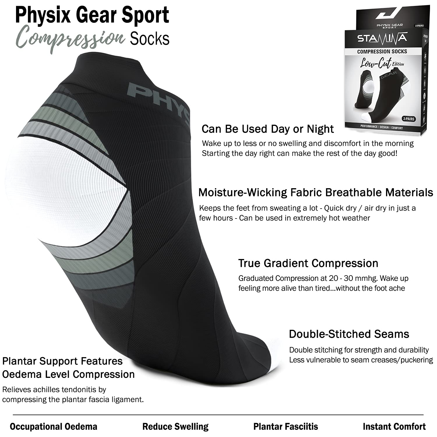 Physix Gear Sport Low Cut Socks Men & Women - Ankle Compression Running Socks (2Pair Blk-Wht L/XL)