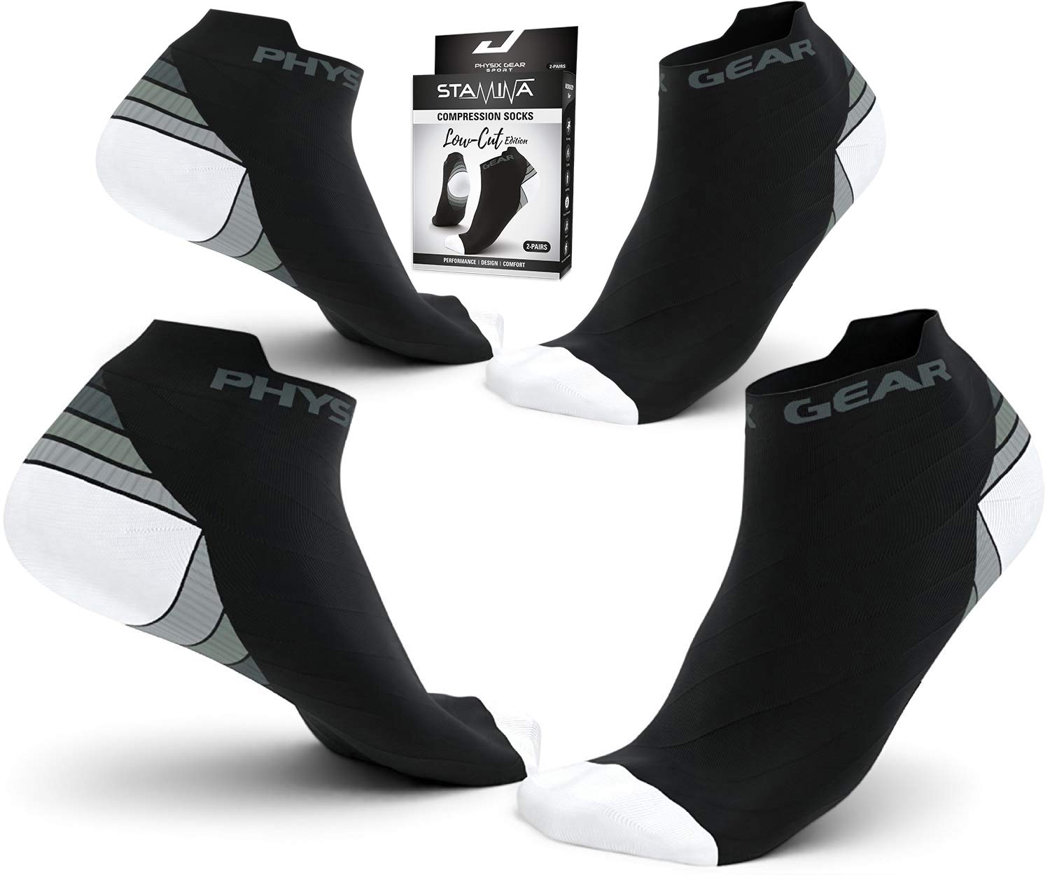 Physix Gear Sport Low Cut Socks Men & Women - Ankle Compression Running Socks (2Pair Blk-Wht L/XL)