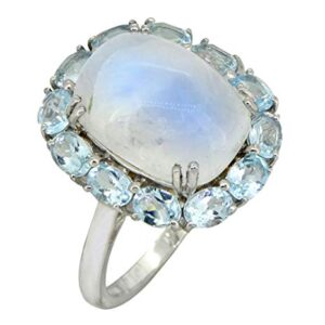 YoTreasure Moonstone and Sky Blue Topaz Cluster Ring Solid 925 Sterling Silver