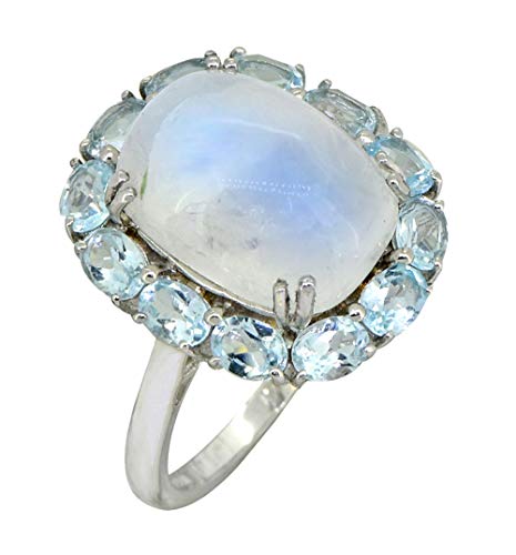 YoTreasure Moonstone and Sky Blue Topaz Cluster Ring Solid 925 Sterling Silver