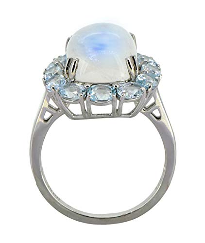 YoTreasure Moonstone and Sky Blue Topaz Cluster Ring Solid 925 Sterling Silver