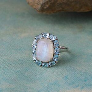 YoTreasure Moonstone and Sky Blue Topaz Cluster Ring Solid 925 Sterling Silver