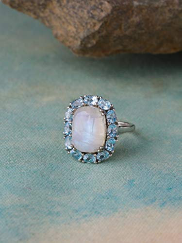 YoTreasure Moonstone and Sky Blue Topaz Cluster Ring Solid 925 Sterling Silver