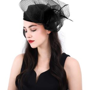 Z&X Sinamay Fascinator Pillbox Hats for Women Wedding Tea Party Mesh Flower Church Hat with Clip Black