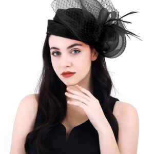 Z&X Sinamay Fascinator Pillbox Hats for Women Wedding Tea Party Mesh Flower Church Hat with Clip Black