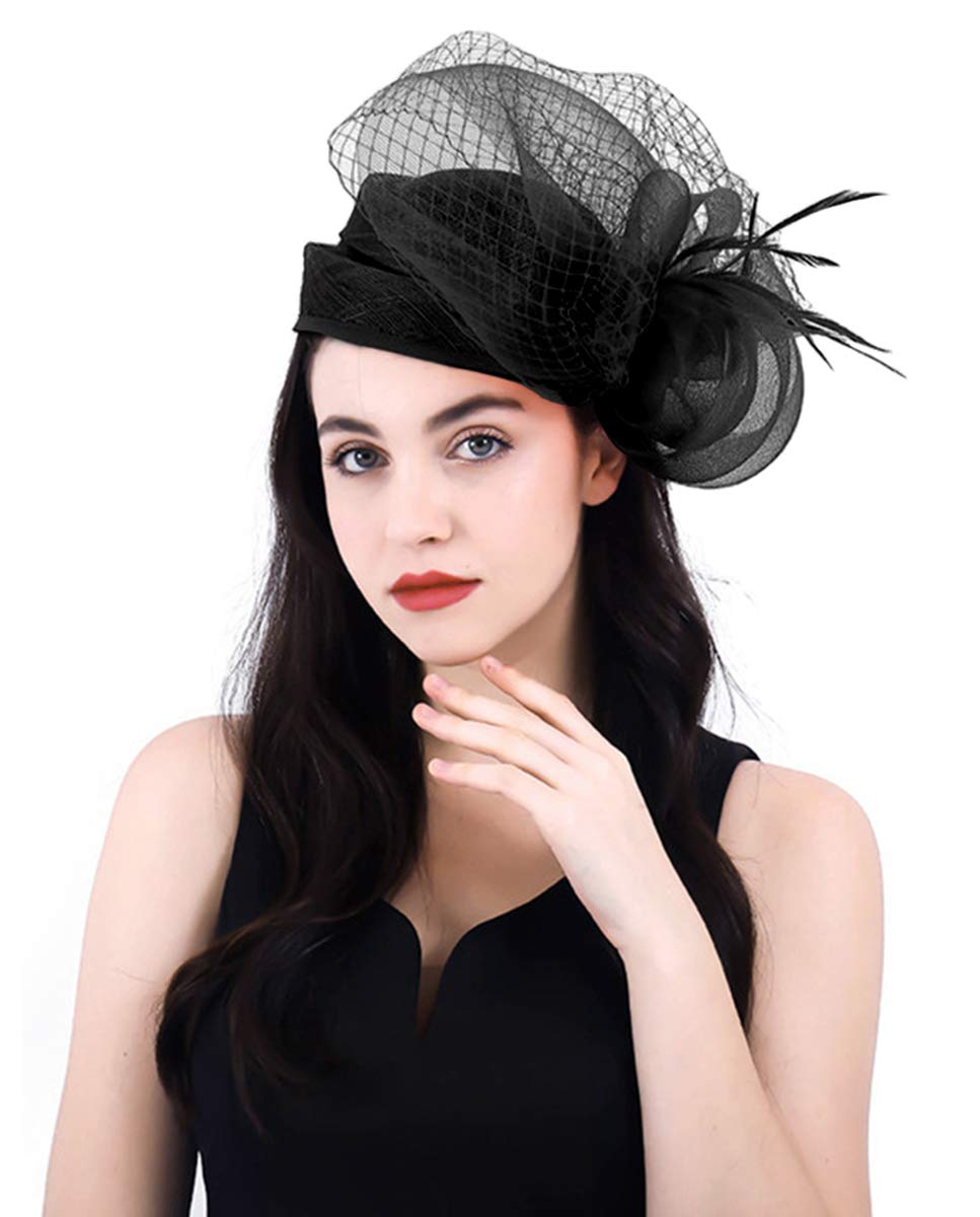 Z&X Sinamay Fascinator Pillbox Hats for Women Wedding Tea Party Mesh Flower Church Hat with Clip Black