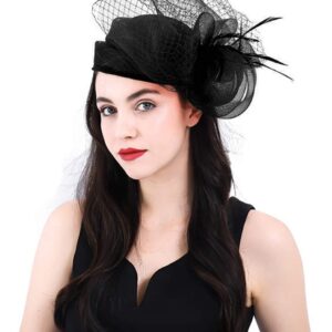 Z&X Sinamay Fascinator Pillbox Hats for Women Wedding Tea Party Mesh Flower Church Hat with Clip Black