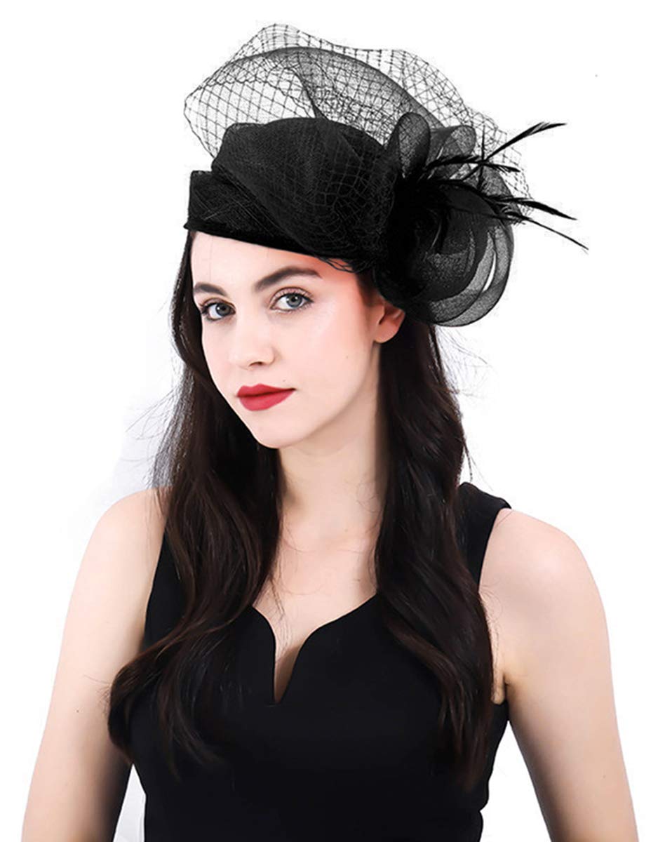 Z&X Sinamay Fascinator Pillbox Hats for Women Wedding Tea Party Mesh Flower Church Hat with Clip Black