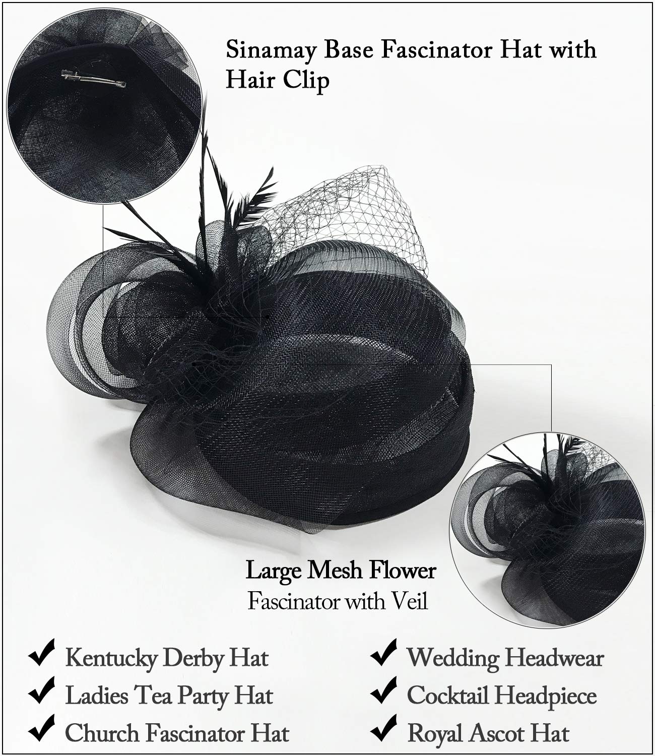 Z&X Sinamay Fascinator Pillbox Hats for Women Wedding Tea Party Mesh Flower Church Hat with Clip Black