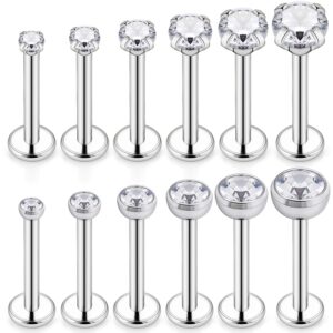 scerring 12pcs 16g stainless steel 2-4.5mm clear cz internally threaded tragus daith cartilage helix earring ring body piercing jewelry 6mm - silver