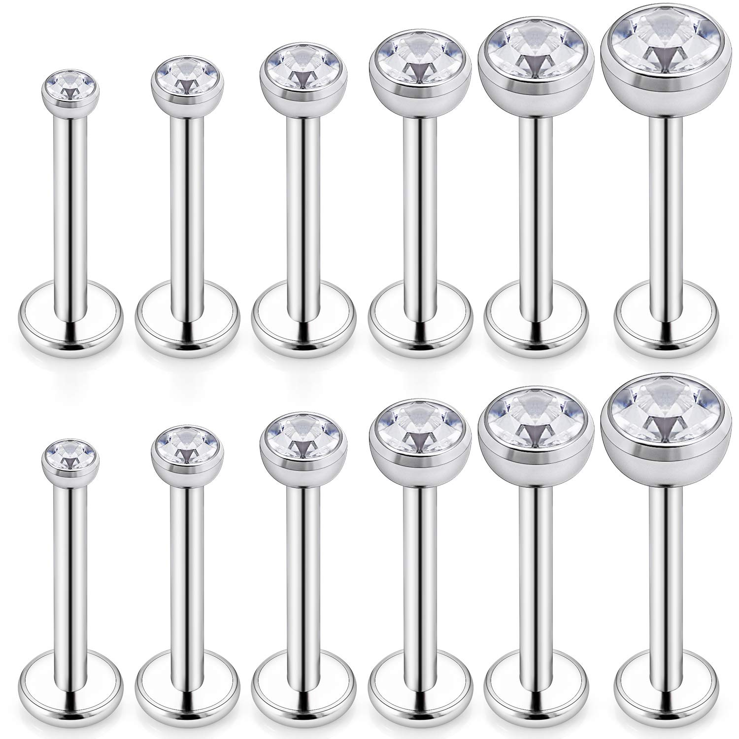 SCERRING 6 Pairs 16g Stainless Steel 2-4.5mm Jeweled Clear CZ Internally Threaded Tragus Daith Cartilage Helix Earring Ring Body Piercing Jewelry 6mm - Silver