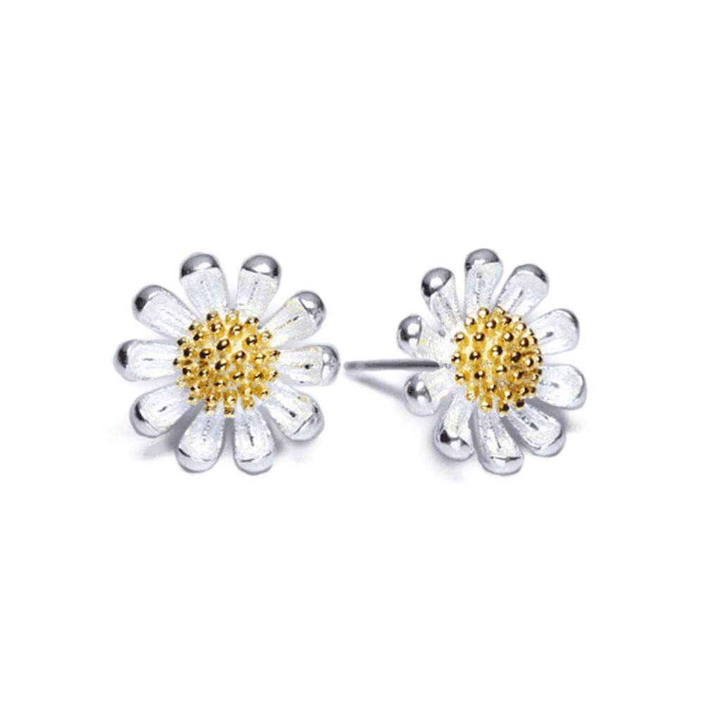 Daisy Earrings Stud for Women Teen Girls S925 Sterling Silver 14K White Yellow Gold Plated Pierced Ear Tiny Small Flower Leaf Stud Earrings Post Pin Hypoallergenic Jewelry (9.5mm)