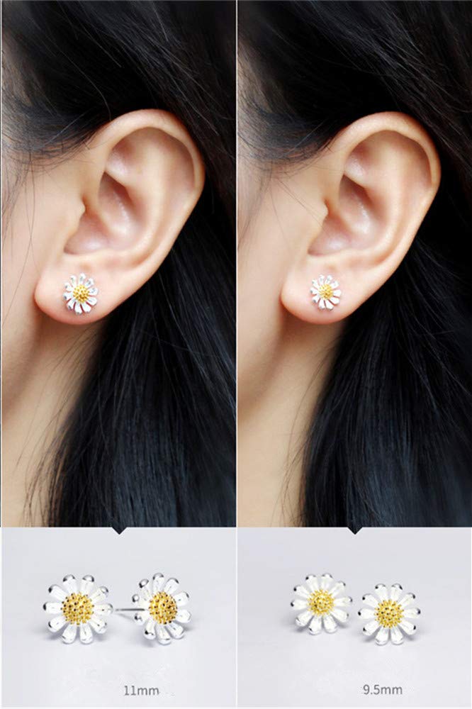 Daisy Earrings Stud for Women Teen Girls S925 Sterling Silver 14K White Yellow Gold Plated Pierced Ear Tiny Small Flower Leaf Stud Earrings Post Pin Hypoallergenic Jewelry (9.5mm)