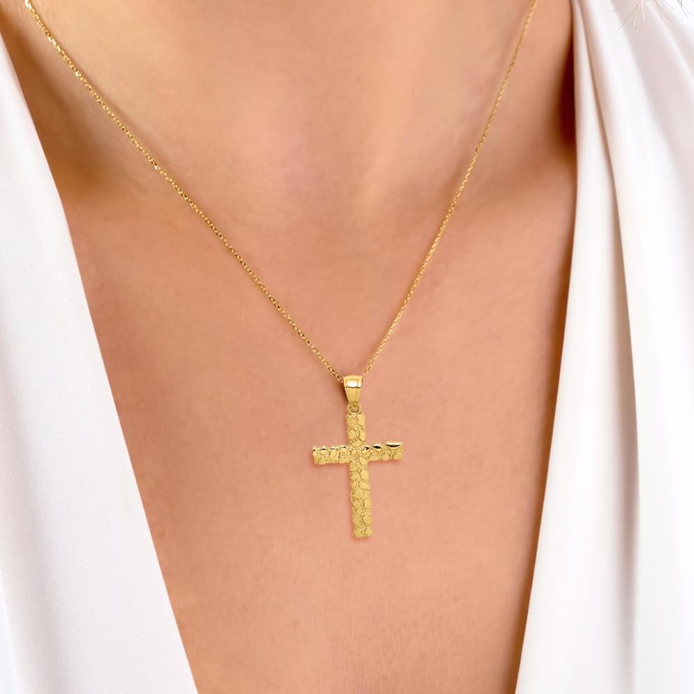 Diamond2Deal Gift for Mothers Day 14K Yellow Gold Nugget Religious Crucifix Cross Pendant for Women (L- 32 mm W- 17.5 mm)