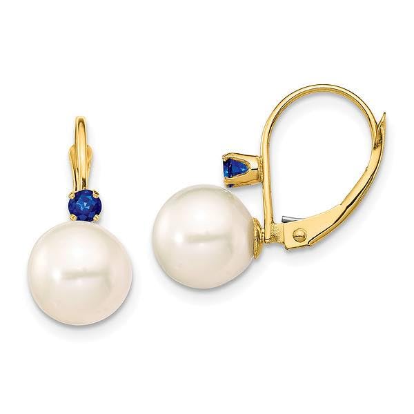 14K Yellow Gold 8mm White Round Freshwater Cultured Pearl Blue Sapphire Drop Dangle Earrings Gemstone September Birthstone Jewelry