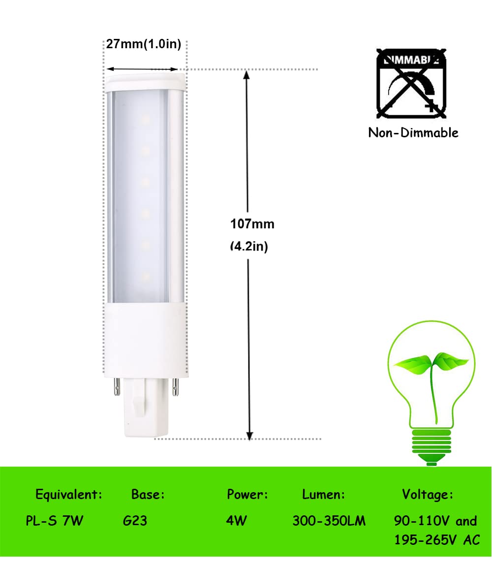 E-Simpo L135mm/5.3" 2-Pack 4W G23 PL-S 7W Plug in Recessed PL Bulb 2-Pin Horizontal Retrofit CFL PLS-7W Replacement 110V 220V 180° View Angle Ceiling Lamp (Daylight 6000-6500k)