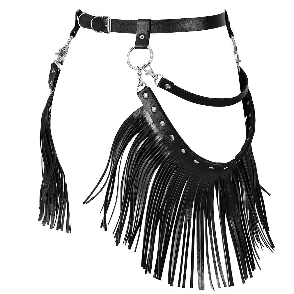 Woman Body Harness Adjustable Dance Clothing Accessories Leg Waist Tassel Gothic Punk Belt (Black)