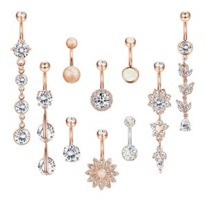 yovoro 10pcs 14g 316l stainless steel dangle belly button rings for women navel rings curved barbell body piercing rose-gold