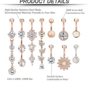 YOVORO 10PCS 14G 316L Stainless Steel Dangle Belly Button Rings for Women Navel Rings Curved Barbell Body Piercing Rose-gold