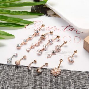 YOVORO 10PCS 14G 316L Stainless Steel Dangle Belly Button Rings for Women Navel Rings Curved Barbell Body Piercing Rose-gold