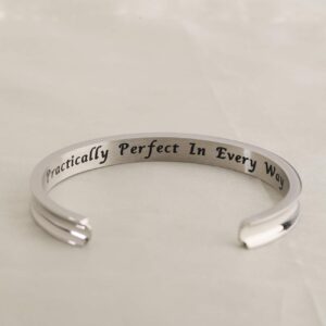 WUSUANED Mary Poppins Quote Practically Perfect in Every Way Hair Tie Grooved Cuff Bangle Bracelet Mother Daughter Friendship Gift (practically perfect in every way silver)