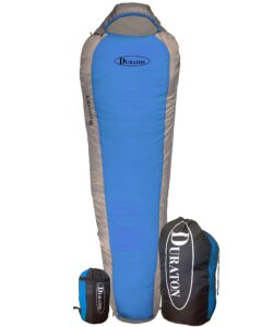 duraton mummy sleeping bag 20 degree weather, lightweight with compression sack for camping or backpacking, warm for both adults and kids (blue)