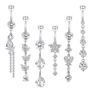 yovoro 6pcs 14g 316l stainless steel belly button rings for women navel rings barbell dangle flower cz body piercing (c: 6 pcs silver-tone)