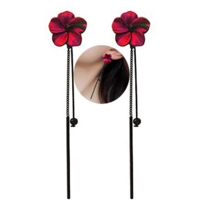 trendy red green poppy flower black long line bar alloy tassel earrings for women charm drop dangle earring jewelry (red)