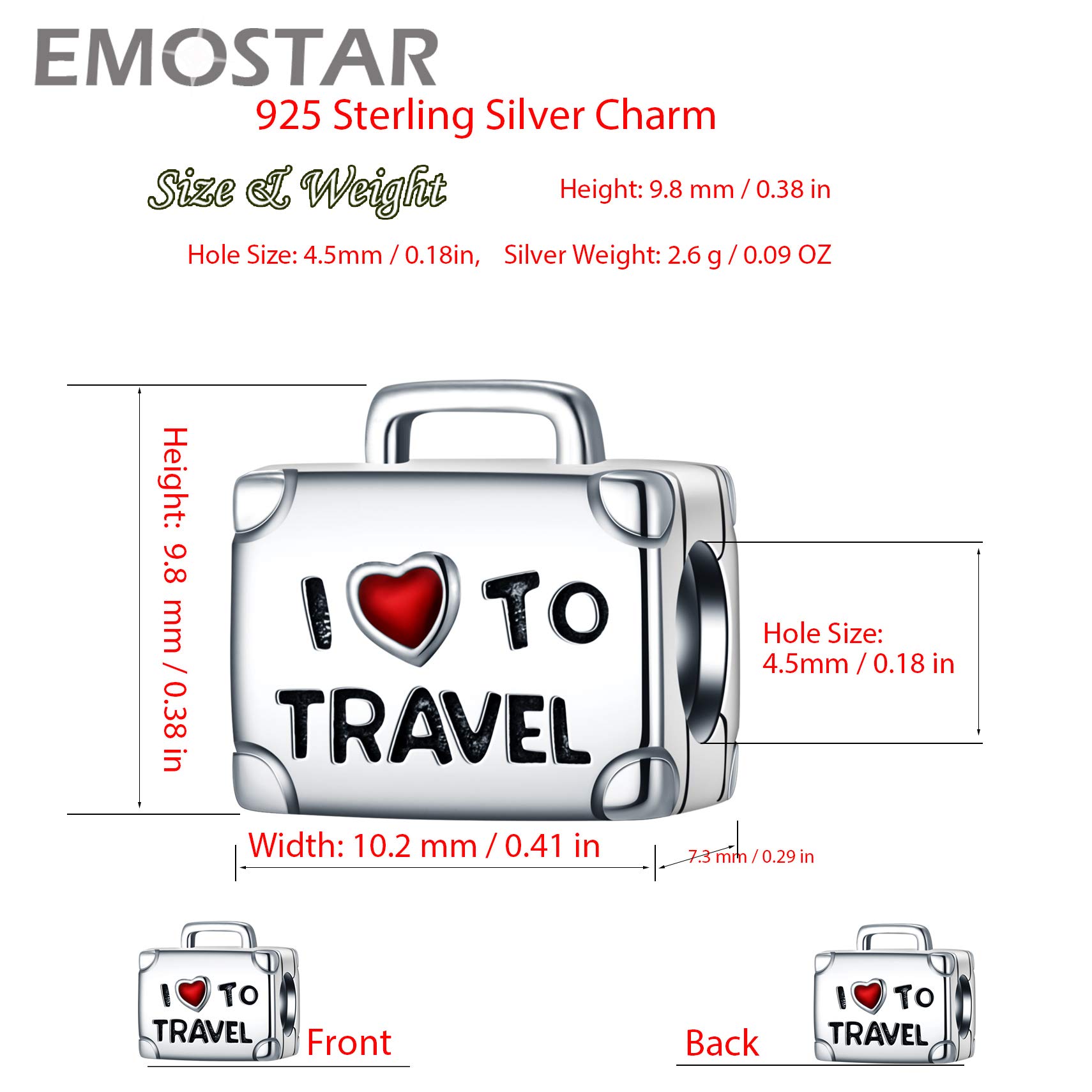 I Love to Travel Suitcase Charms fits Pandora Women Bracelet, 925 Sterling Silver Handbag Enamel Red Heart Beads, Gifts for First Mothers Day/Christmas/Best Mom/Valentines Day