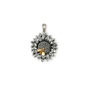 sunflower jewelry silver and 14k gold handmade sunflower with bee pendant sftx3-bep