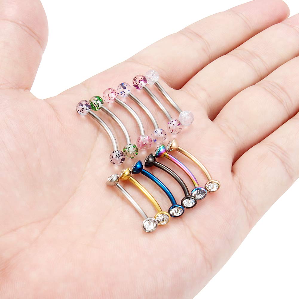 SCERRING 14G Stainless Steel Curved Barbell Snake Eyes Tongue Ring Nipplerings Nipple Rings Piercing Jewelry Retainer Jeweled Clear CZ Gilitter Balls 16mm 12PCS