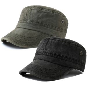 2 pack men's cotton military caps cadet army caps vintage flat top cap (army green/dark grey)