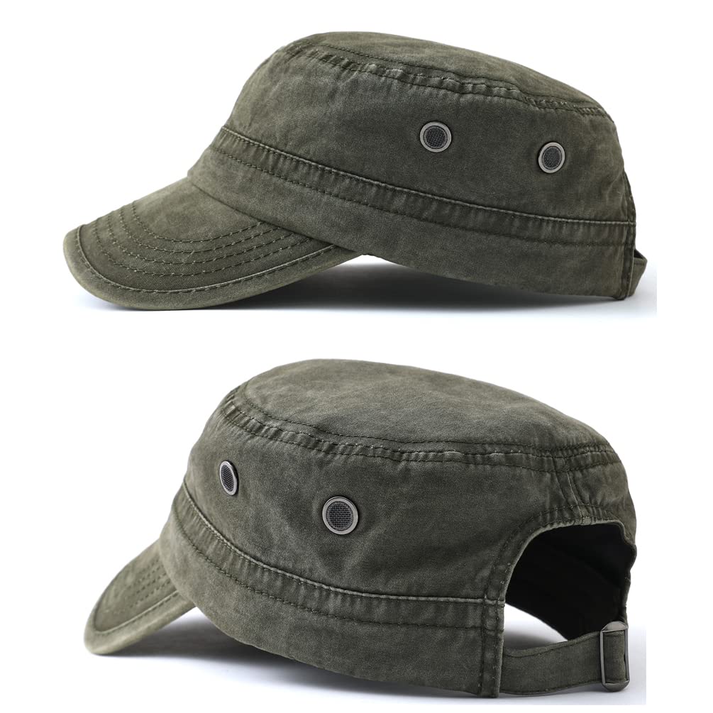 2 Pack Men's Cotton Military Caps Cadet Army Caps Vintage Flat Top Cap (Army Green/Dark Grey)