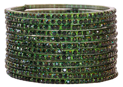 JD'Z COLLECTION Indian Bangles For Women Bollywood Glass Bangles Bridal Ethnic Jewelry Set Costume Matching Wedding Designer CZ Stone Jewellery Bangle Bracelets Set Of 12 (Dark Green, 2.4)