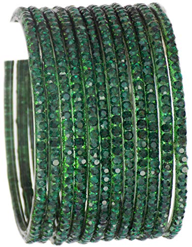 JD'Z COLLECTION Indian Bangles For Women Bollywood Glass Bangles Bridal Ethnic Jewelry Set Costume Matching Wedding Designer CZ Stone Jewellery Bangle Bracelets Set Of 12 (Dark Green, 2.4)