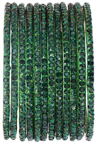 JD'Z COLLECTION Indian Bangles For Women Bollywood Glass Bangles Bridal Ethnic Jewelry Set Costume Matching Wedding Designer CZ Stone Jewellery Bangle Bracelets Set Of 12 (Dark Green, 2.4)