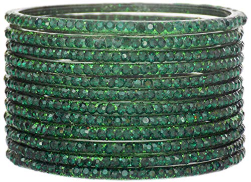 JD'Z COLLECTION Indian Bangles For Women Bollywood Glass Bangles Bridal Ethnic Jewelry Set Costume Matching Wedding Designer CZ Stone Jewellery Bangle Bracelets Set Of 12 (Dark Green, 2.4)