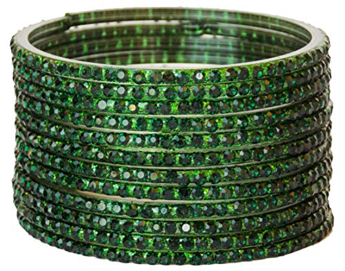 JD'Z COLLECTION Indian Bangles For Women Bollywood Glass Bangles Bridal Ethnic Jewelry Set Costume Matching Wedding Designer CZ Stone Jewellery Bangle Bracelets Set Of 12 (Dark Green, 2.4)