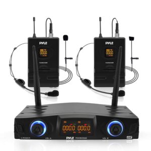 compact uhf wireless microphone system - pro portable dual channel desktop digital mic receiver set w/ 2 belt-pack transmitter, receiver, 2 headset, lavalier mics, xlr, for home, pa - pyle pdwm2958b