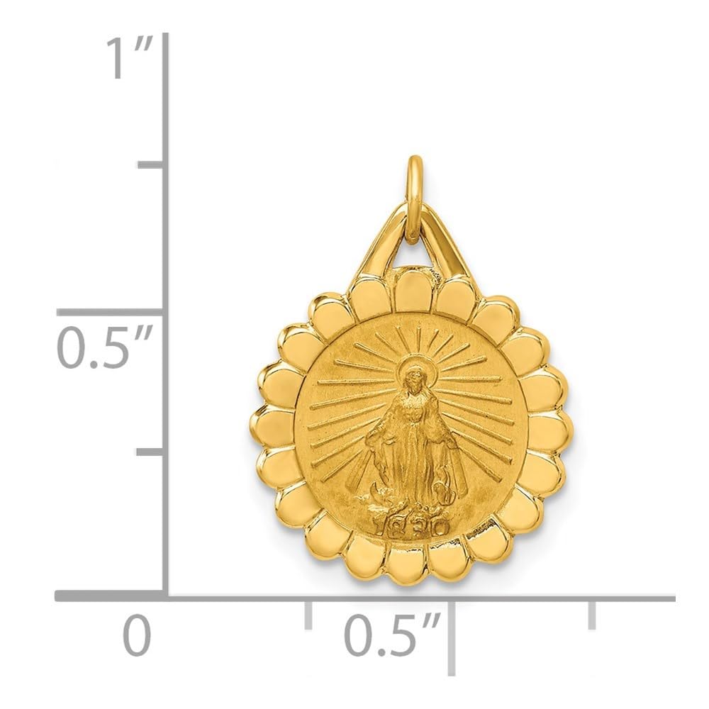 Diamond2Deal 14k Yellow Gold Satin Small Round Scalloped Miraculous Medal (L- 20 mm W- 14.8 mm)